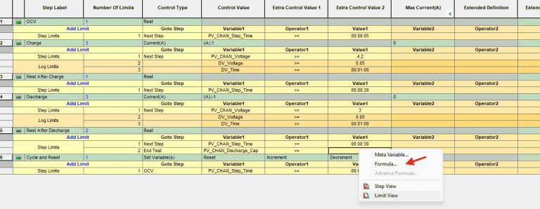 Formula and variables used in Arbin MITS software for flexible battery ...